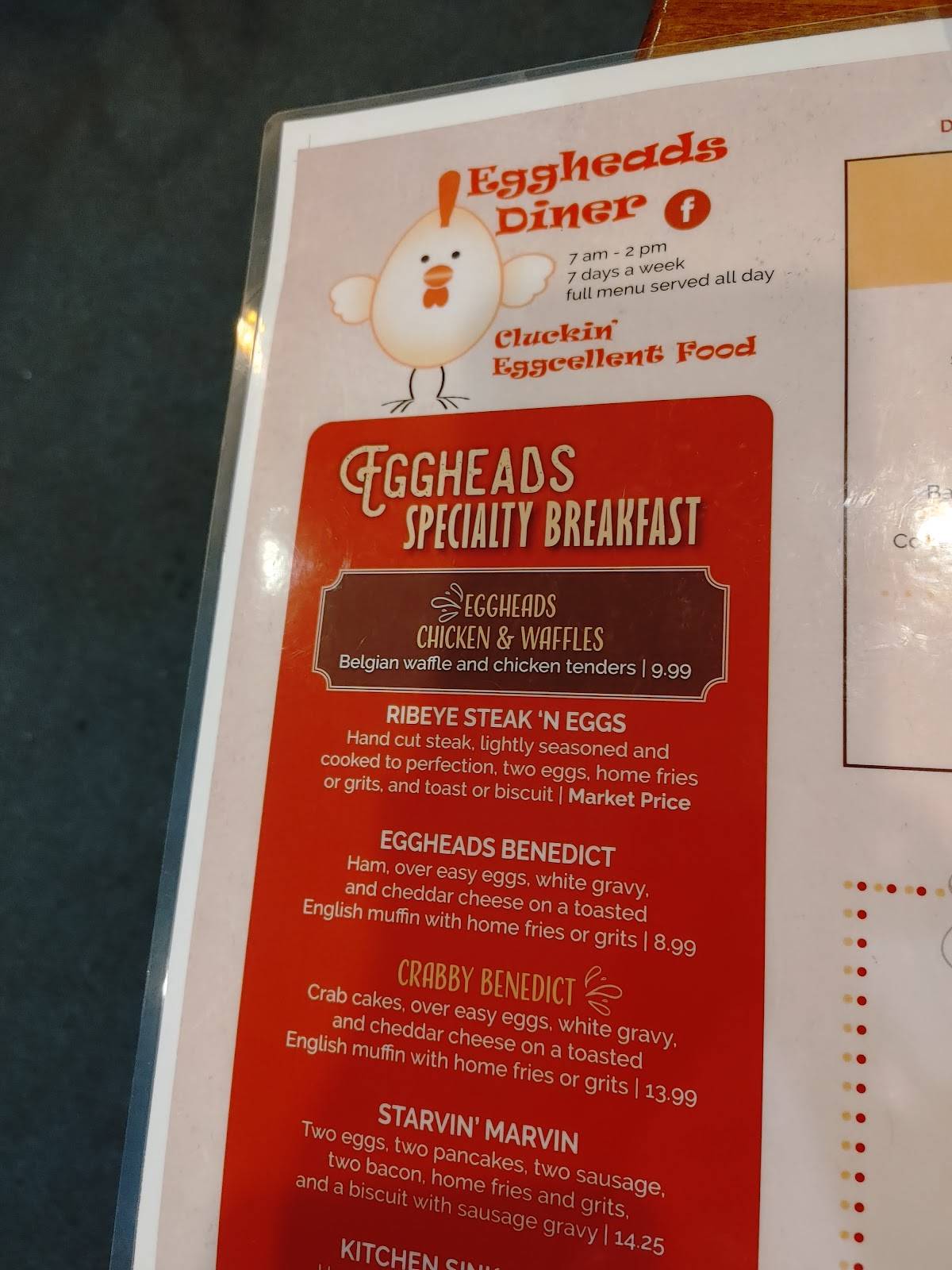 Menu at Eggheads Diner restaurant, Gloucester Point
