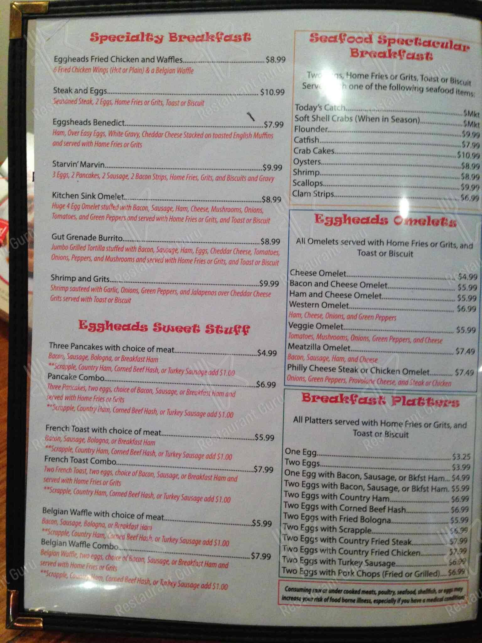 Menu at Eggheads Diner restaurant, Gloucester Point