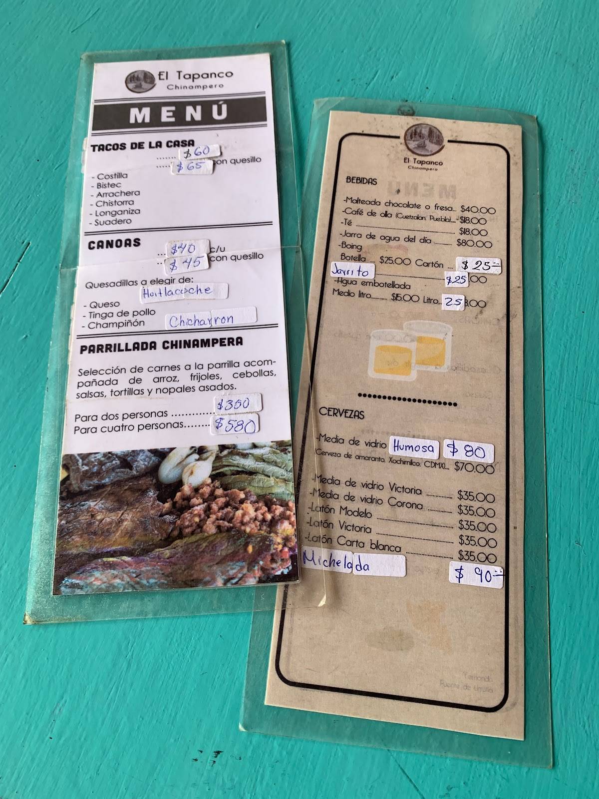 Carta del restaurante El Tapanco Chinampero, Ciudad del México