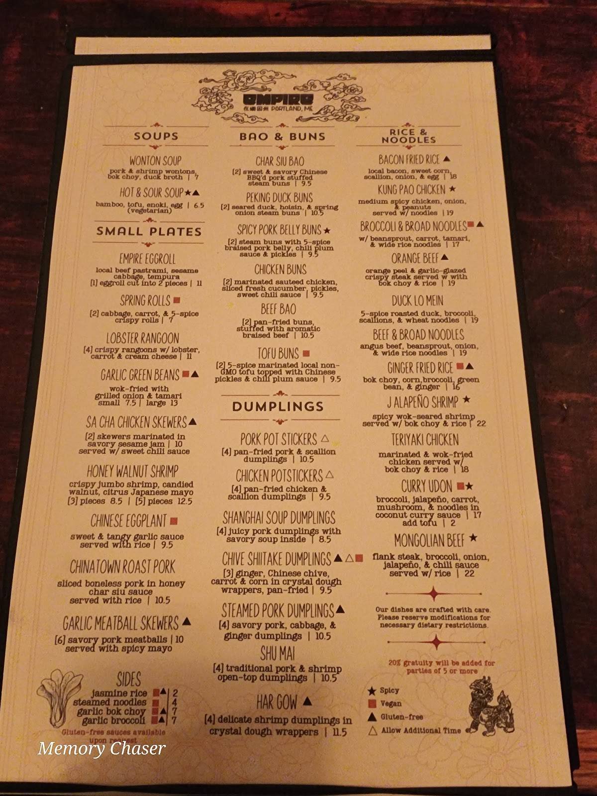 Menu at Empire Chinese Kitchen restaurant, Portland