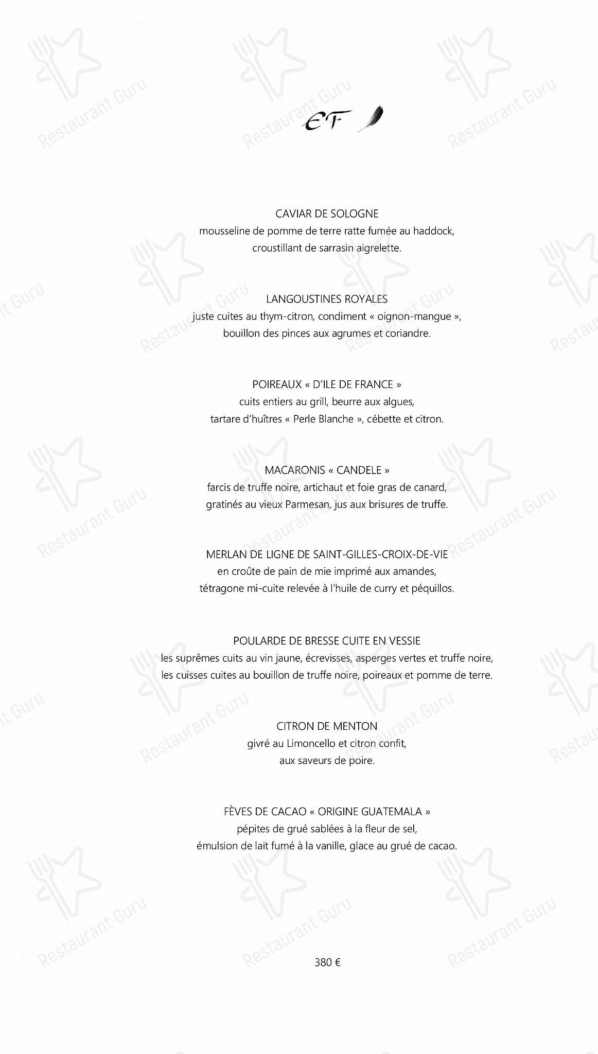 Menu at Epicure restaurant, Paris, 112 Rue du Faubourg Saint-Honoré