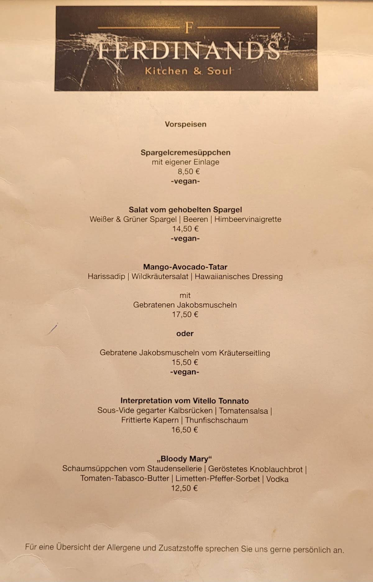Speisekarte von Ferdinands Restaurant, Wolfsburg