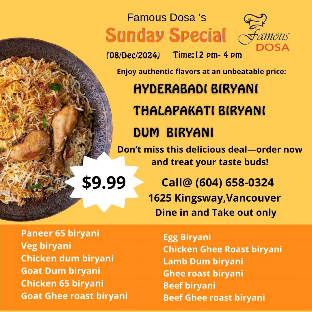Menu au Famous Dosa Indian Grill & Thalapkatti Biryani House( Website ...