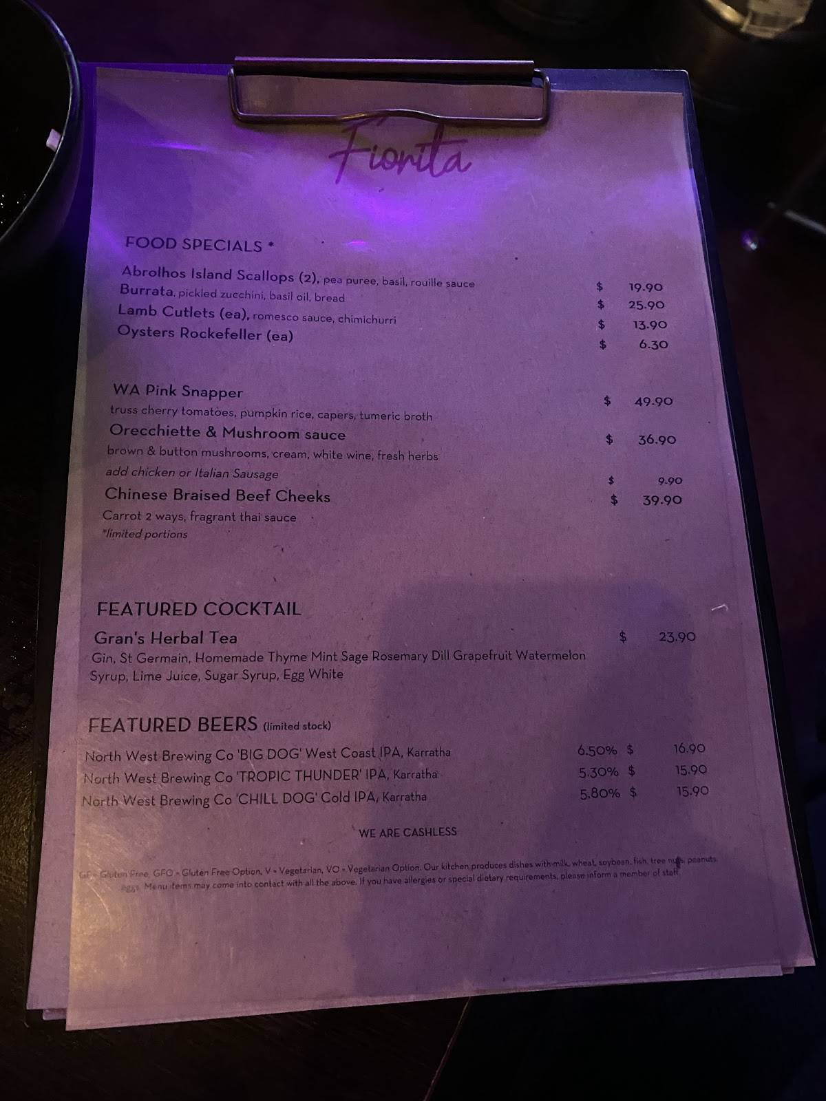 Menu at Fiorita Wine Bar & Restaurant, Karratha