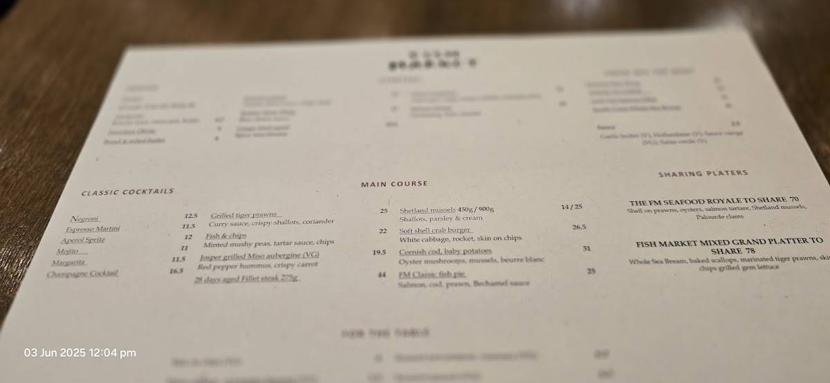 Menu at Fish Market restaurant, London, 16 New St