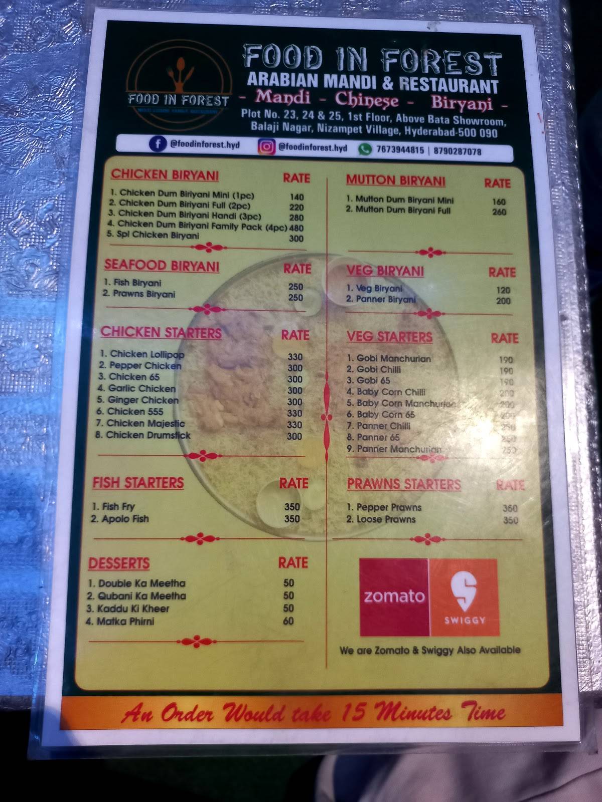 Menu at Food In Forest, Hyderabad