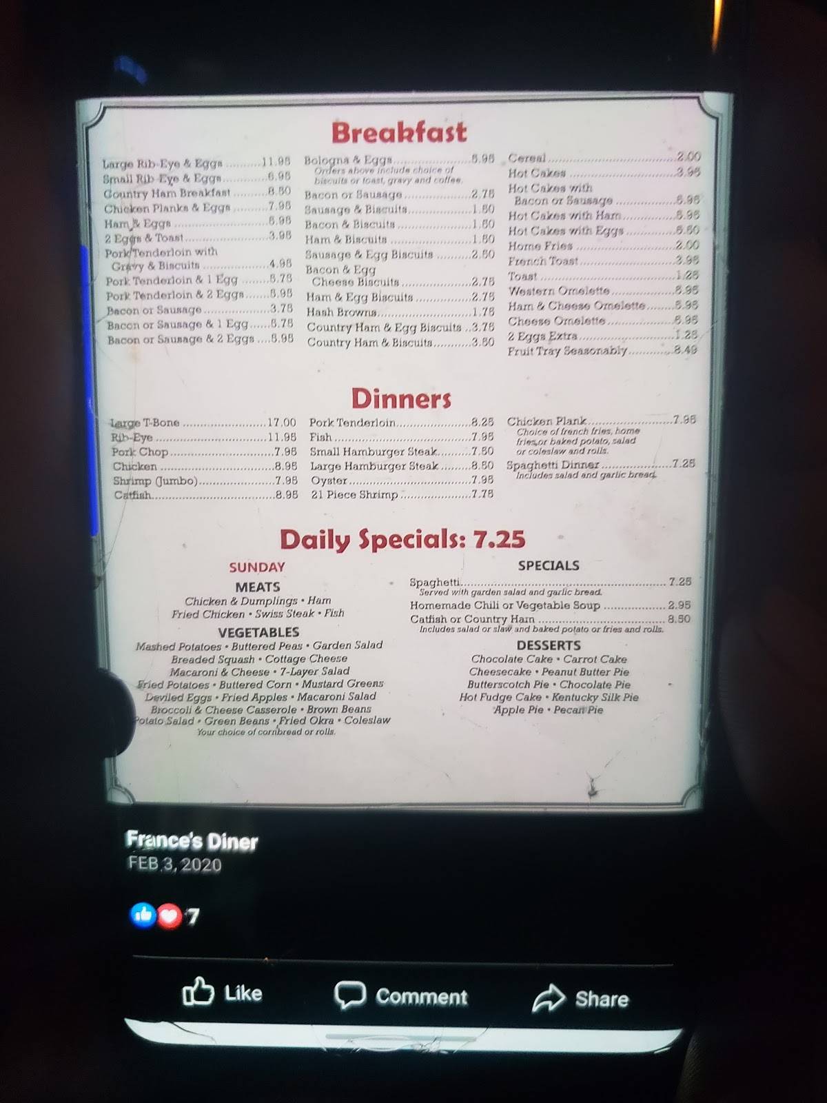 Menu at France's Diner restaurant, Hazard