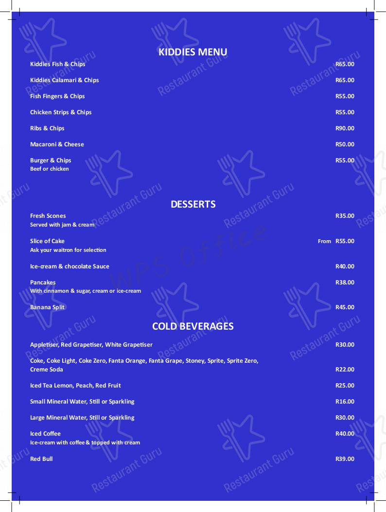Menu at Fran's Place restaurant, Cape Town, 111 Jubilee St