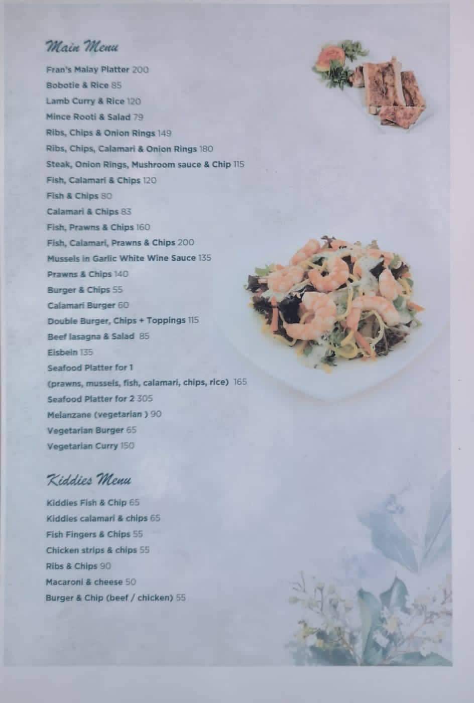Menu at Fran's Place restaurant, Cape Town, 111 Jubilee St