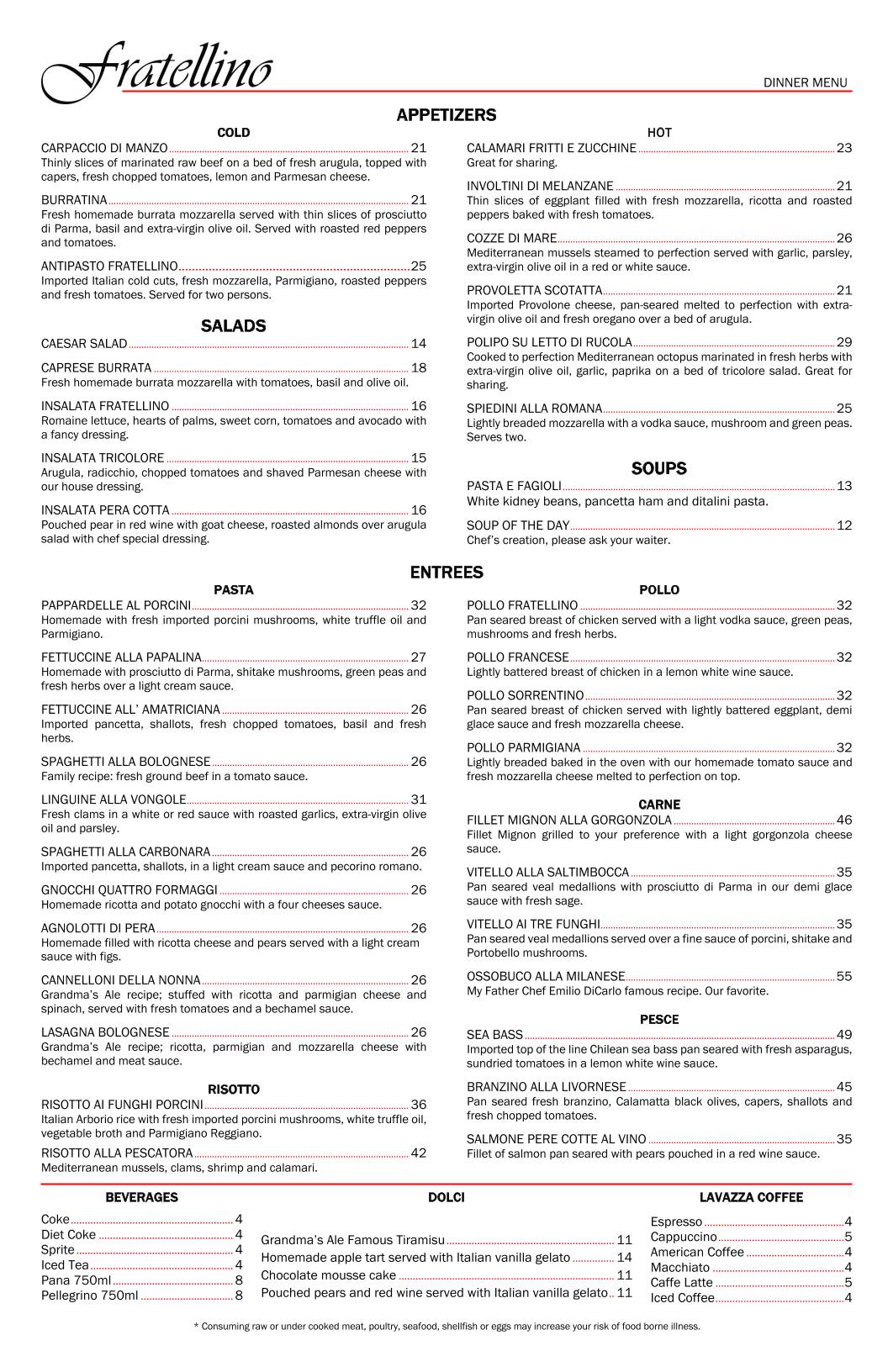 Menu at Fratellino Ristorante restaurant, Coral Gables