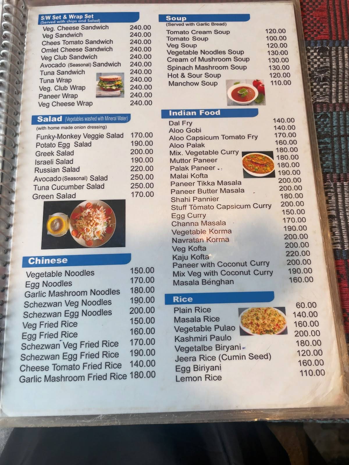 Menu at Funky Monkey restaurant, Hampi