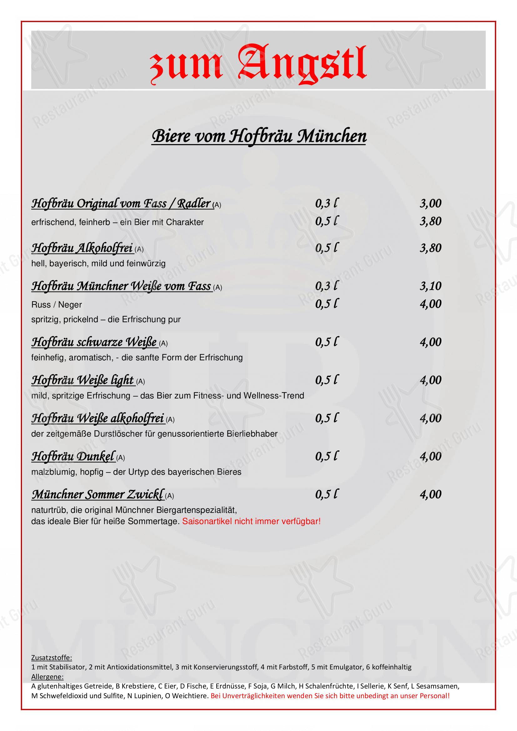 Speisekarte von Gasthaus zum Angstl restaurant, Höslwang, Sonnering 3