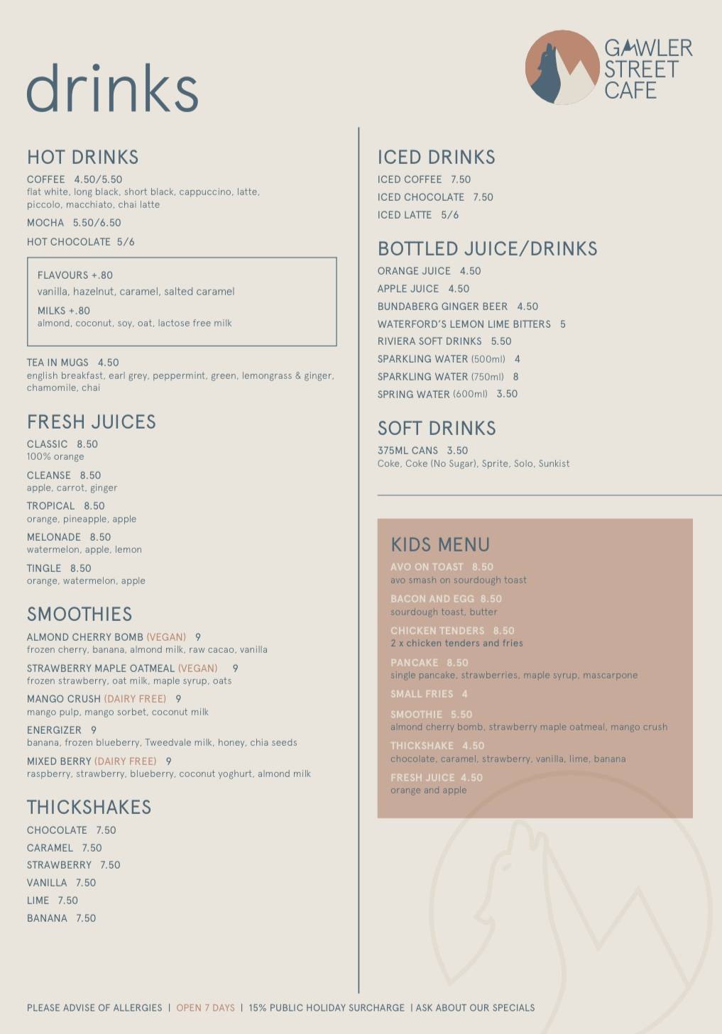 Menu at Gawler Street Cafe, Mount Barker