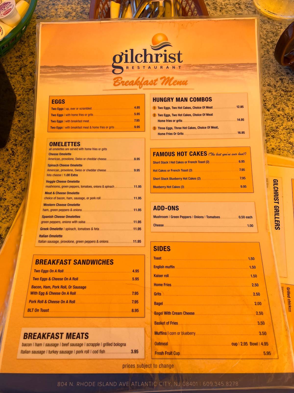 Menu at Gilchrist Restaurant, Atlantic City