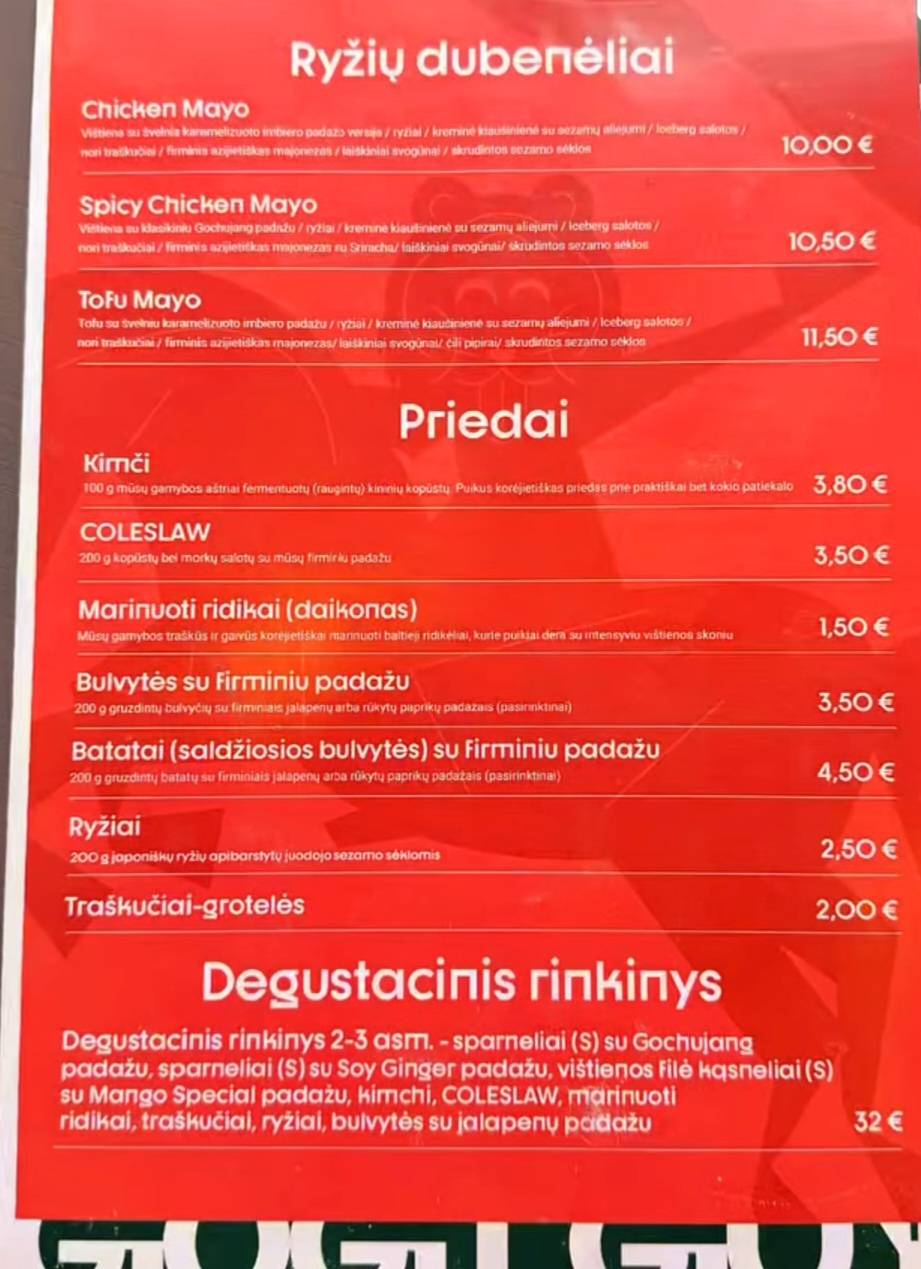 Menu at Gogi Guy restaurant, Vilnius