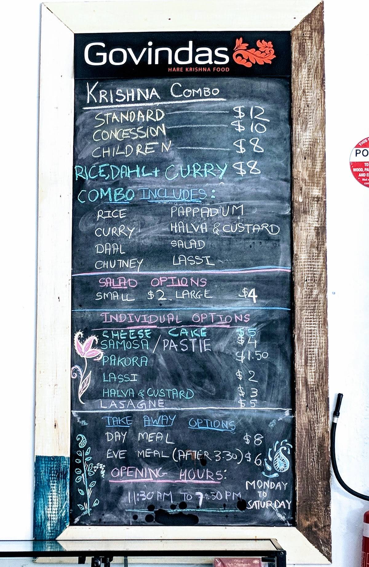 Menu at Govinda's Hare Krishna Restaurant, Northbridge