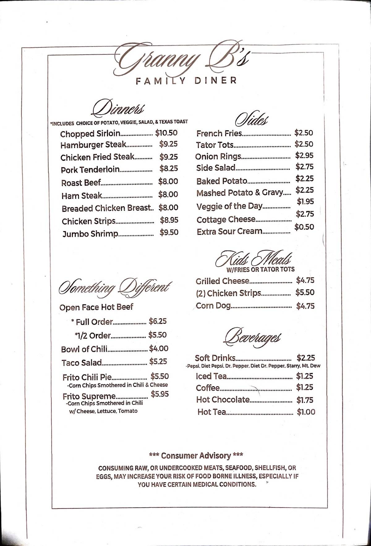 Menu at Granny B's Family Diner restaurant, Parsons