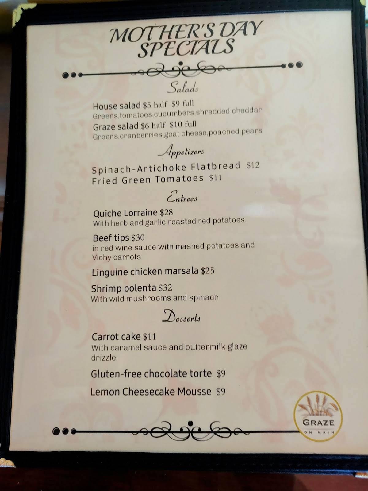 Menu at Graze on Main restaurant, Wytheville