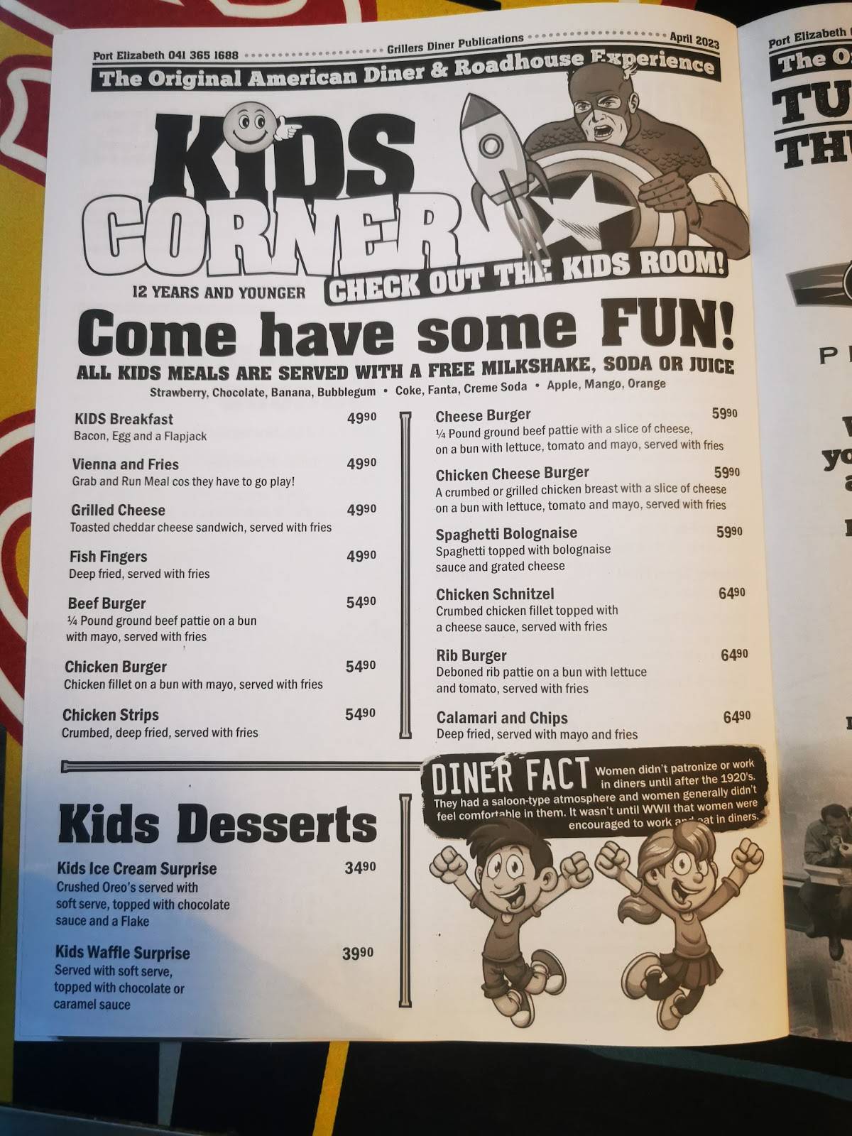 Menu at Grillers restaurant, Port Elizabeth