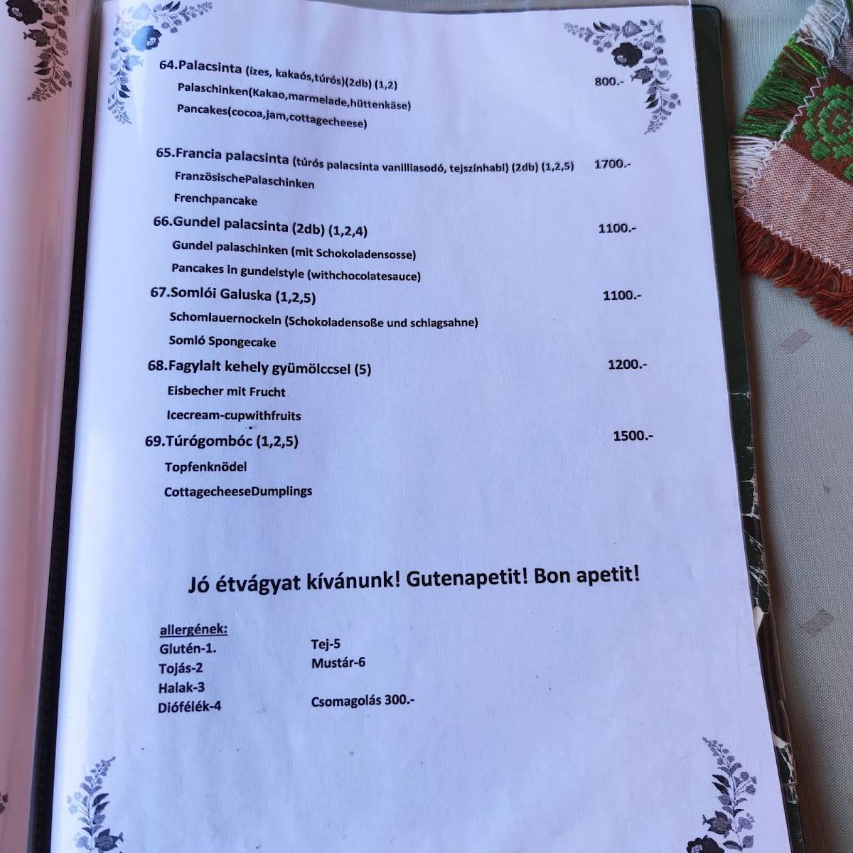 Menu at Gulyás Csárda restaurant, Visegrád