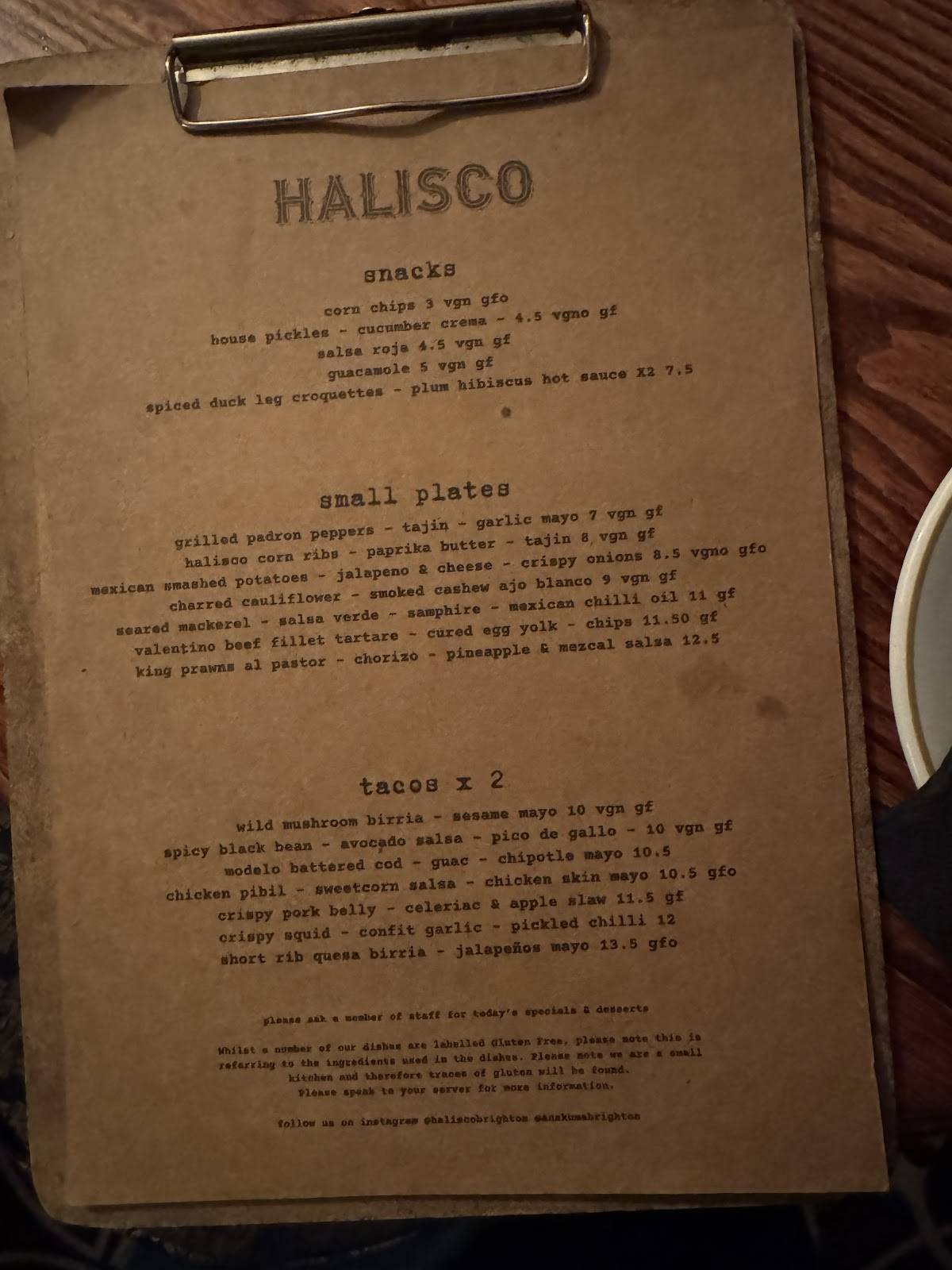 Menu at Halisco restaurant, Brighton