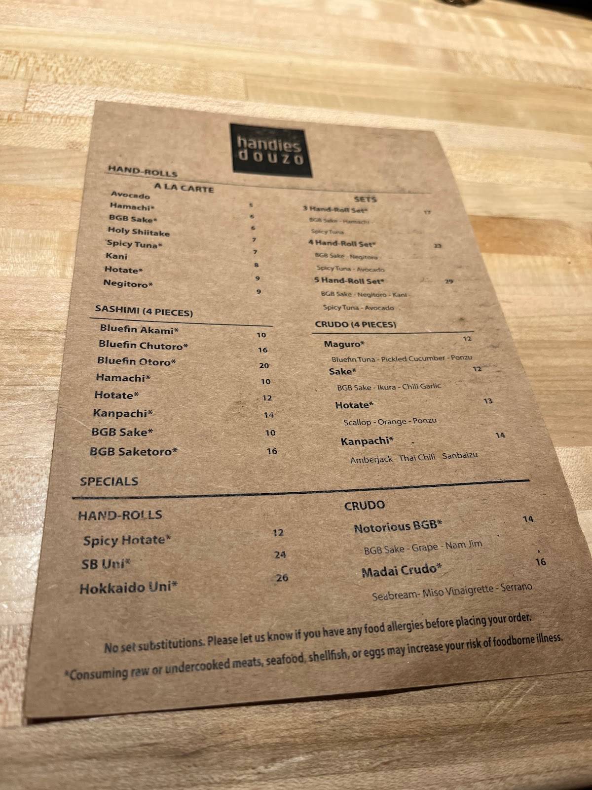 Menu at Handies Douzo restaurant, Houston, White Oak Dr