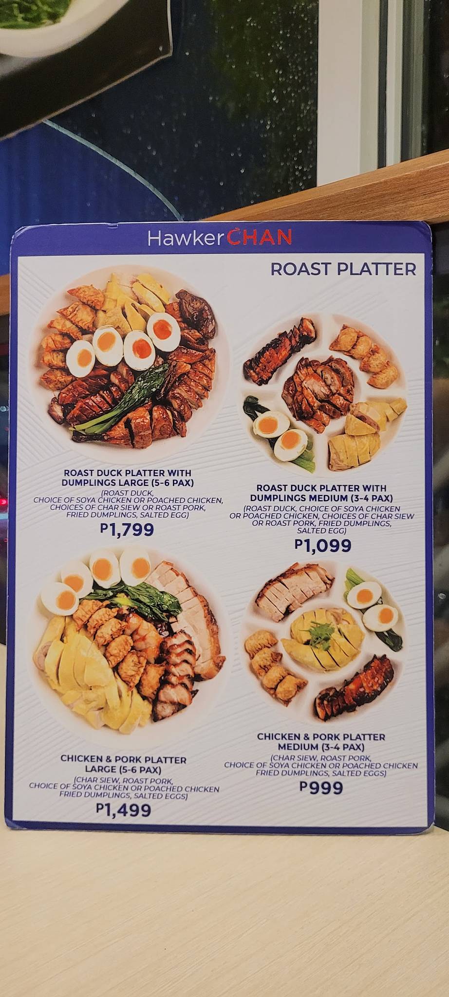 Menu at Hawker Chan Megamall restaurant, Mandaluyong