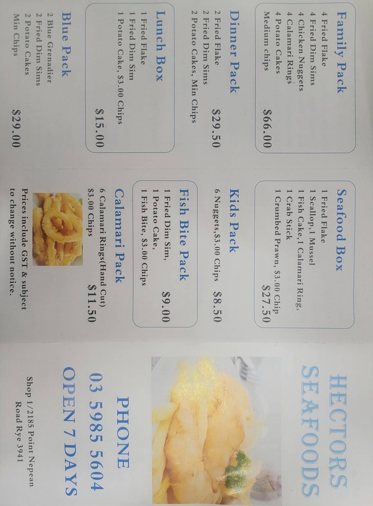 Menu at Hector's Seafoods restaurant, Rye
