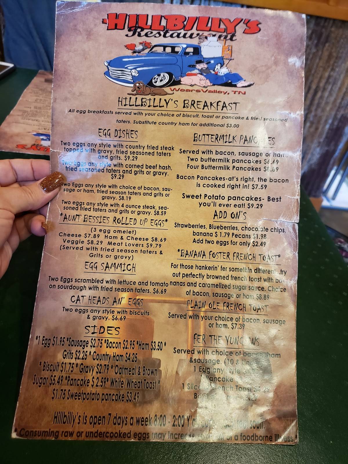 Menu at Hillbilly's Restaurant, Pigeon Forge, Wears Valley Rd