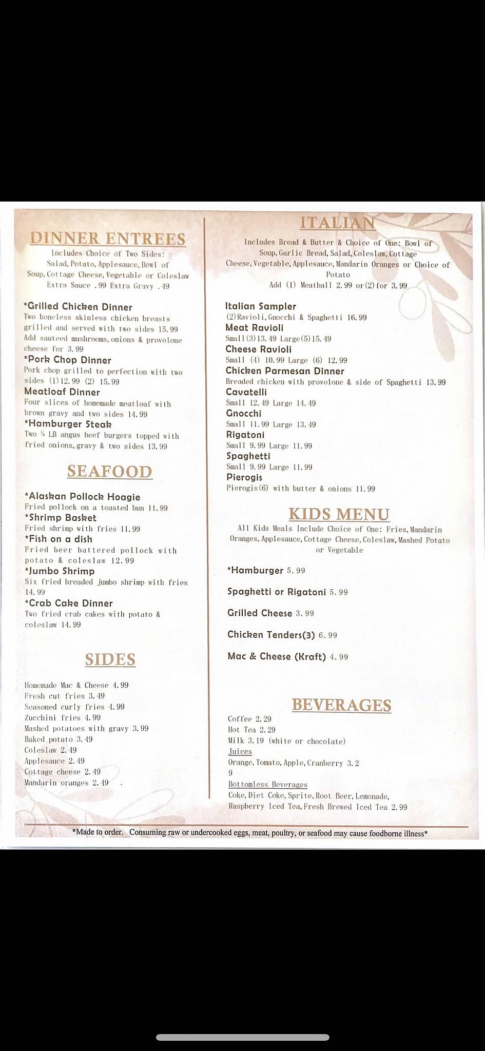 Menu at Hills Restaurant, New Eagle, 107 Main St