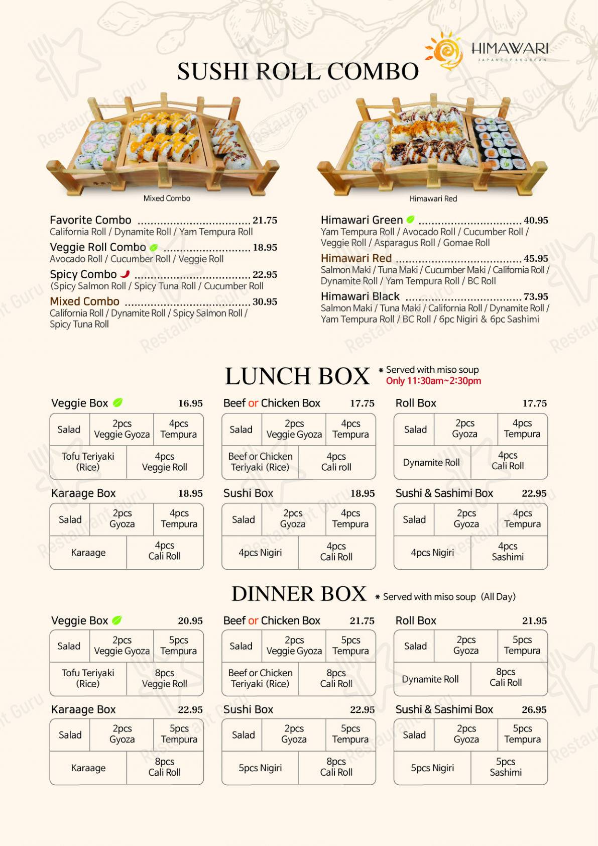 Menu at Himawari Sushi restaurant, Moose Jaw