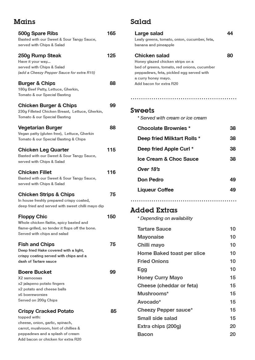 Menu at Hoeka Toeka Pub & Diner, Wilderness
