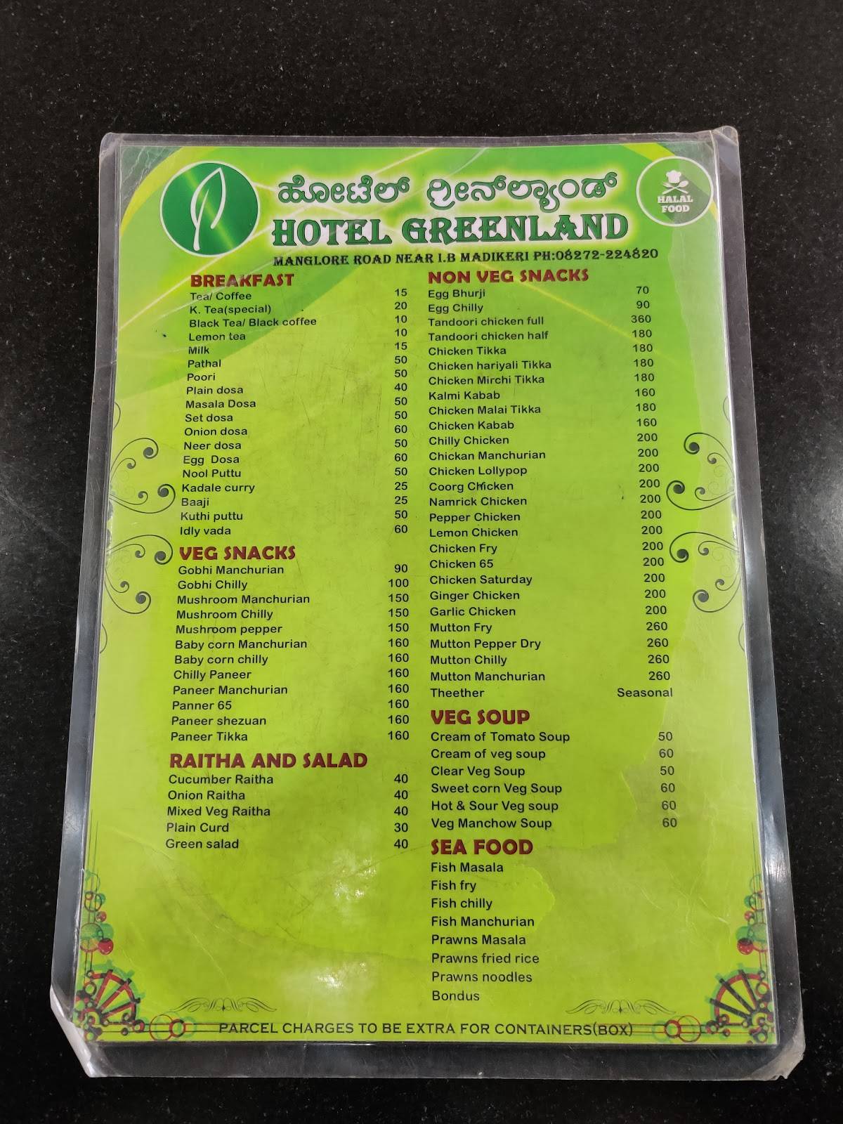 Menu at Hotel Green Land, Madikeri, GT Rd