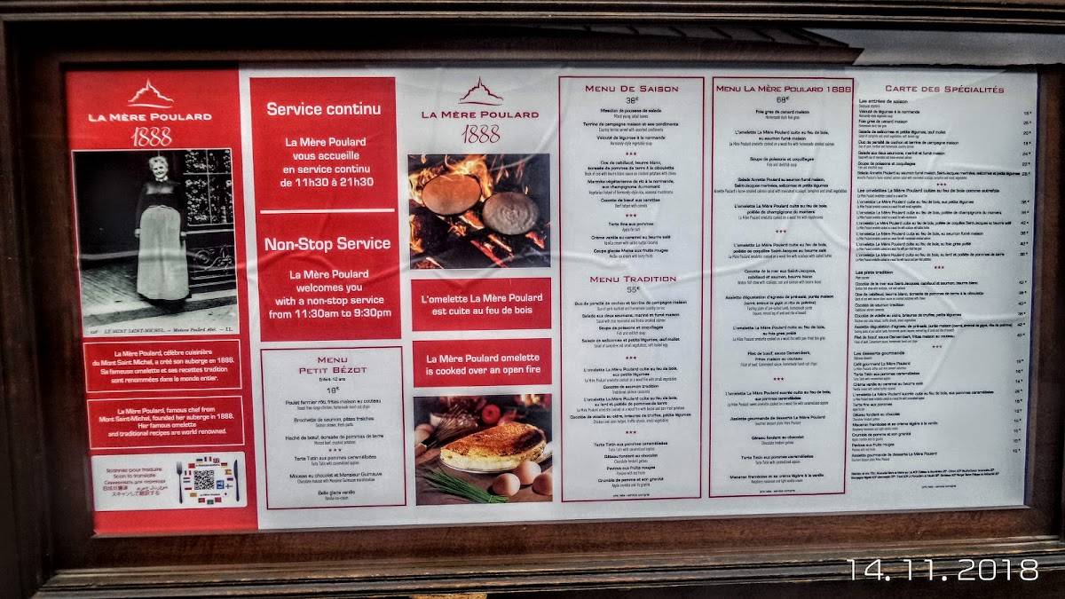 Menu at Hotel La Mère Poulard restaurant, Mont Saint-Michel, Grande Rue ...