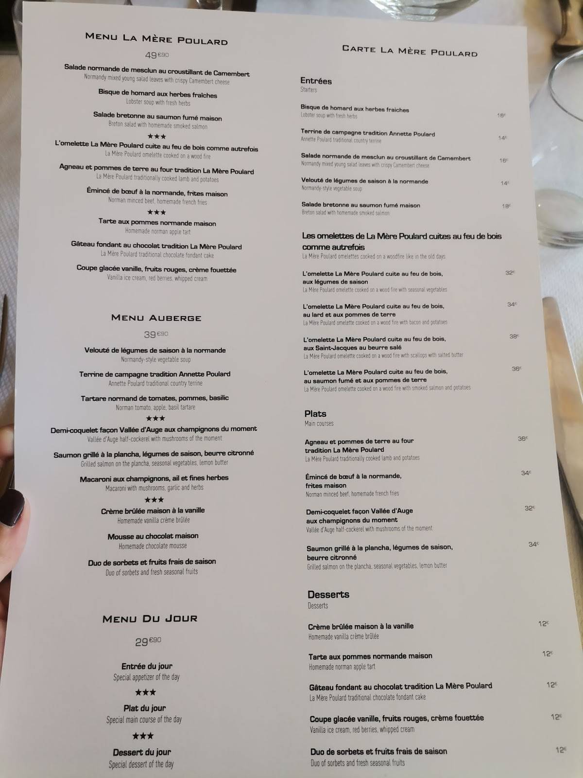 Menu at Hotel La Mère Poulard restaurant, Mont Saint-Michel, Grande Rue ...