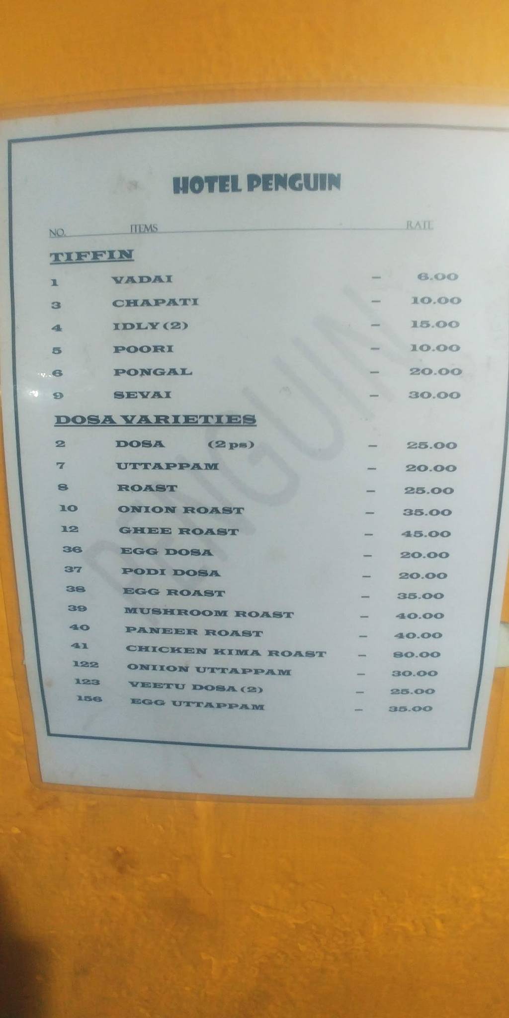 Menu at Hotel Penguin, Coimbatore, B-34