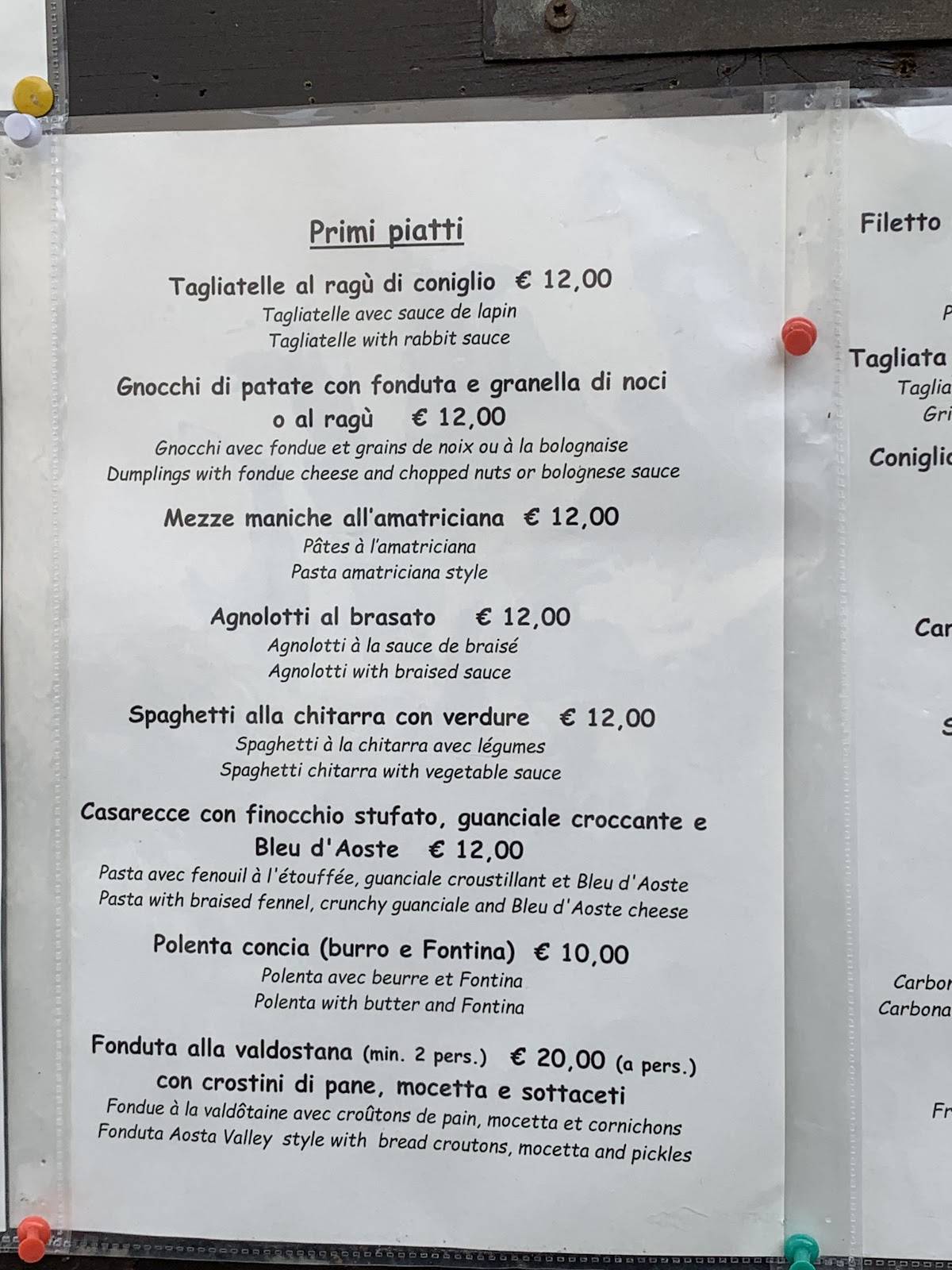 Menu da Il Boccio ristorante, Aosta