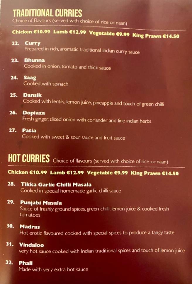 Menu at Indian Palace restaurant, Ireland