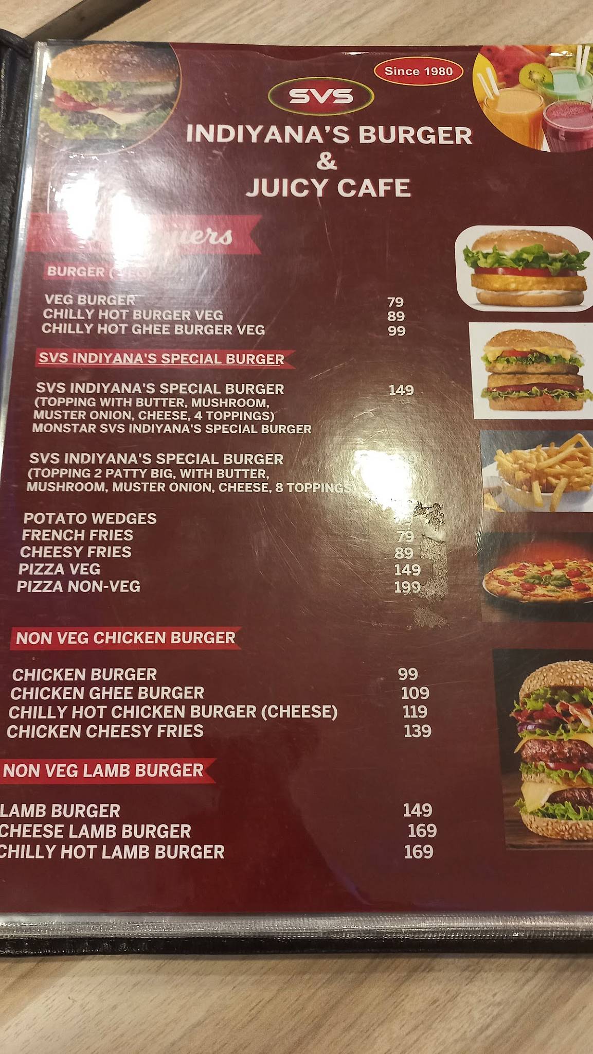 Menu at Indian burger, Bengaluru, 199