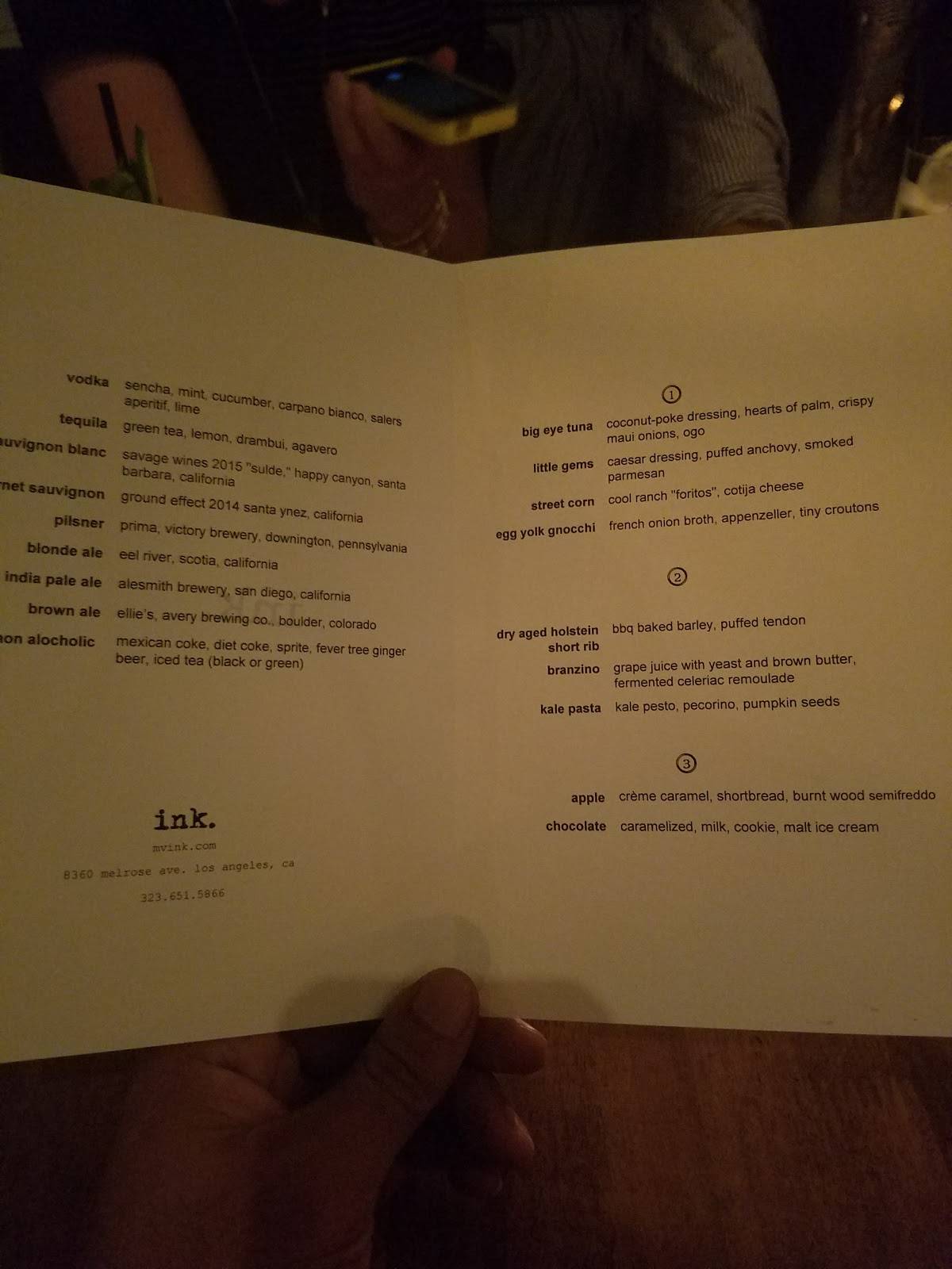 Menu at Ink restaurant, Los Angeles, Melrose Ave #107