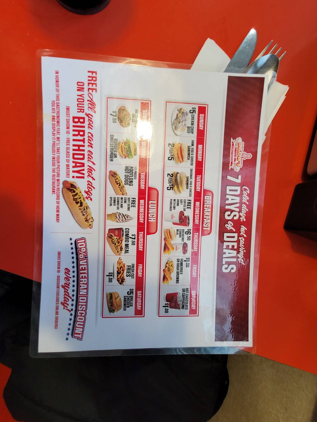 Menu at Inlow's Drive-In restaurant, Duncansville