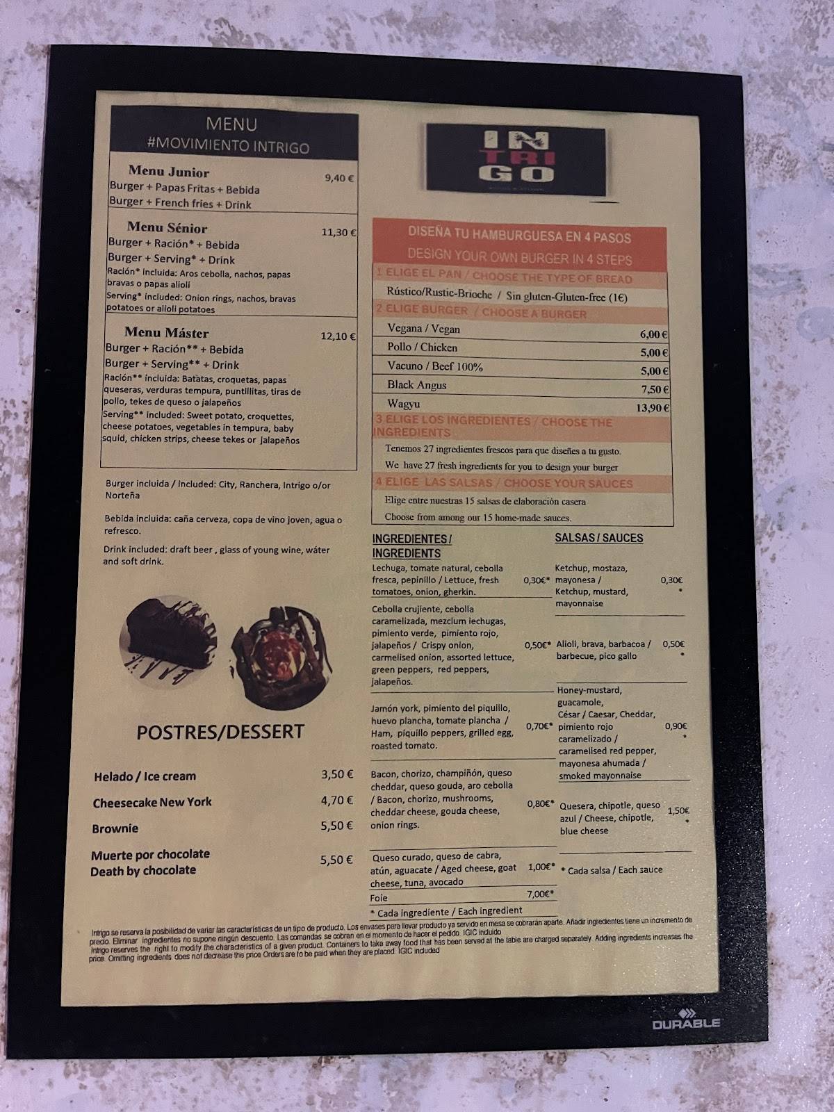 Carta del restaurante Intrigo Lanzarote, Arrecife