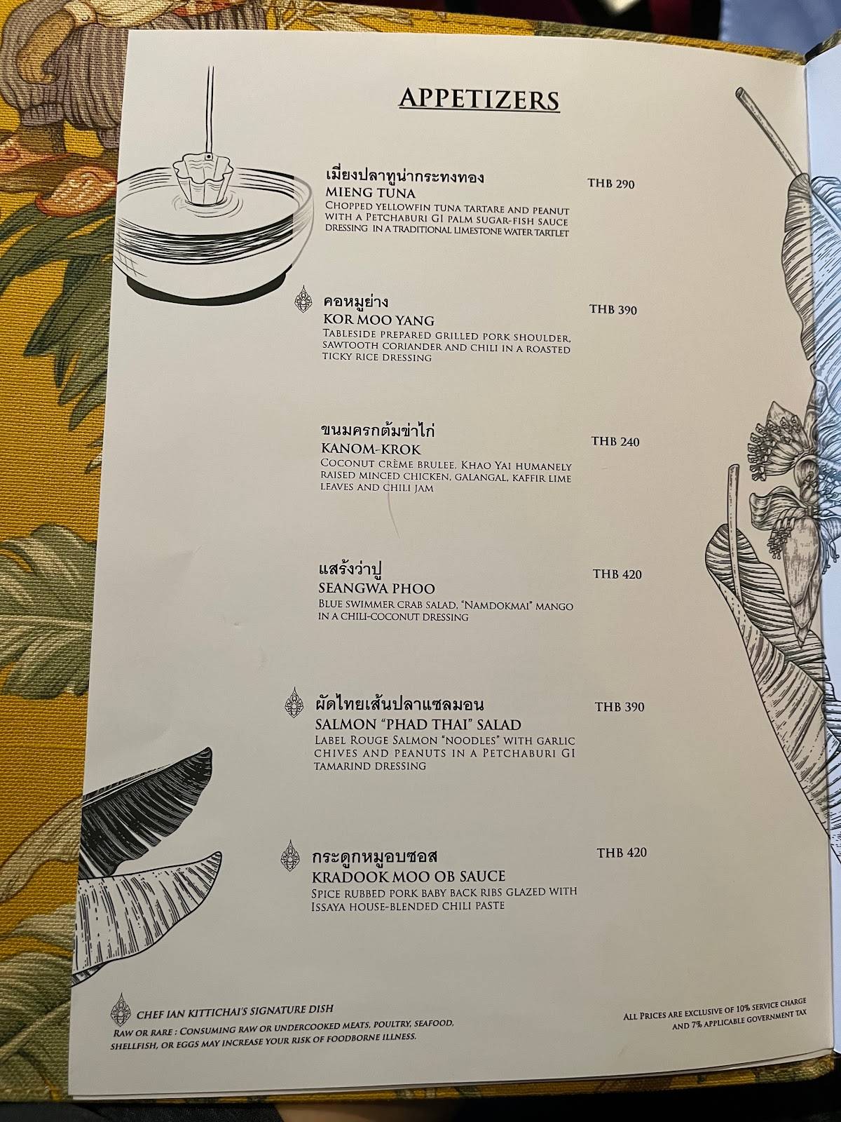 Menu at Issaya Siamese Club, Bangkok