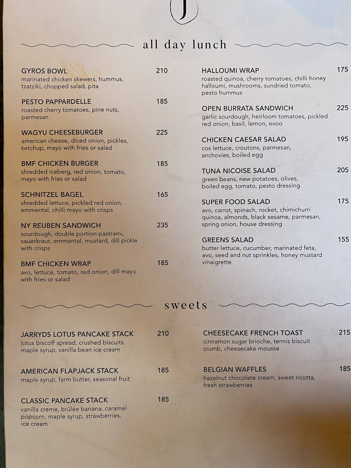 Menu at JARRYDS Brunch & Bistro restaurant, Cape Town, 90 Regent Rd