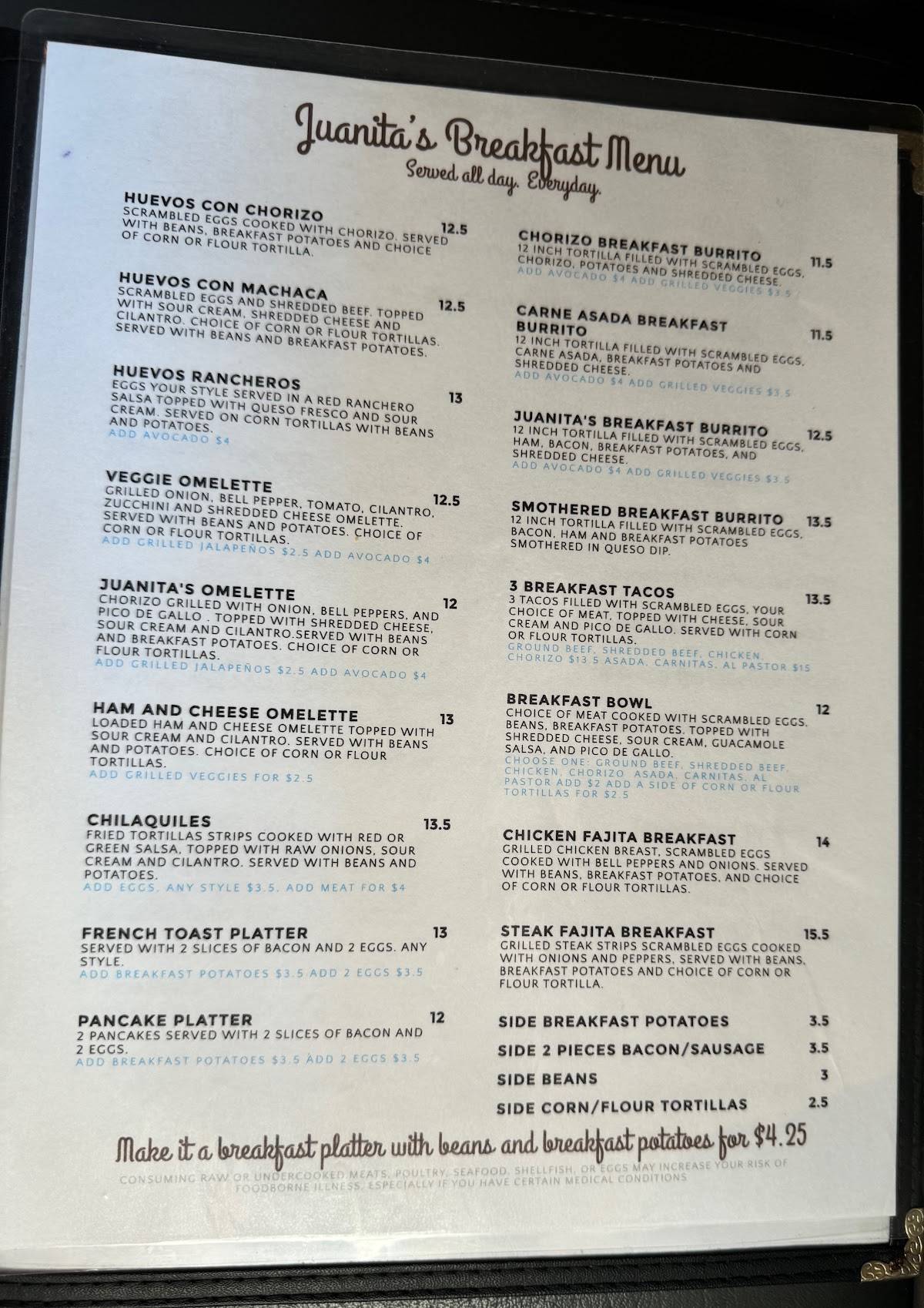 Menu at Juanita's Mexican Restaurant, Altoona