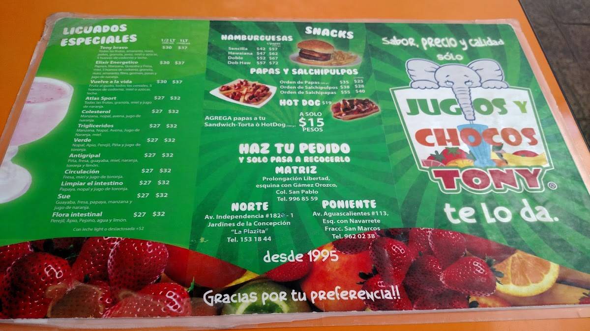 Carta del pub y bar Jugos y Chocos Tony, Aguascalientes, Av ...