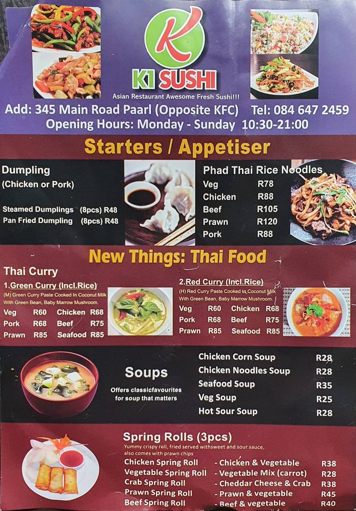 Menu at K1 Sushi restaurant, Paarl