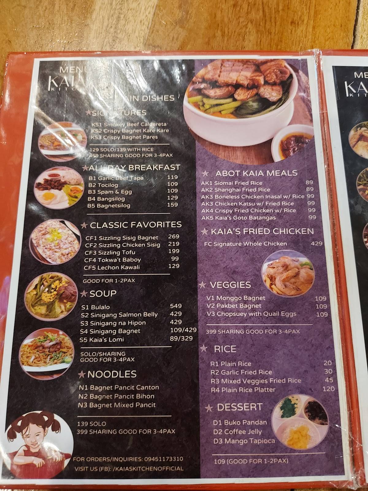 Menu at Kaia's Kitchen restaurant, Tagaytay