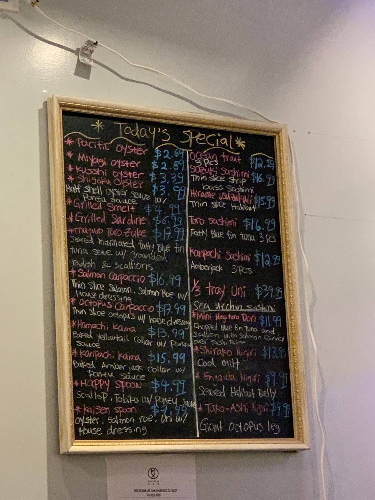 Menu at Kaisen Don restaurant, San Leandro