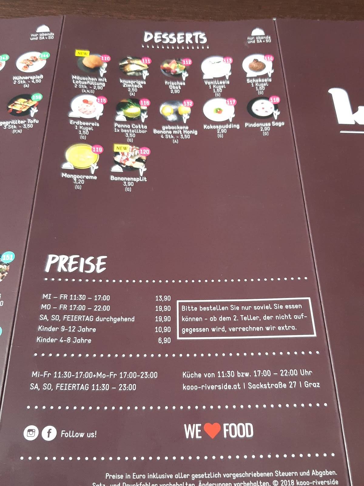 Speisekarte von Kaoo - Riverside restaurant, Graz